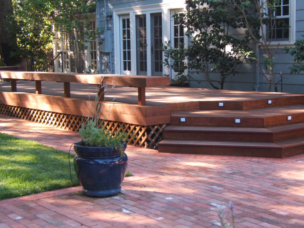 Redwood Deck with Brick Patio Landing | Lafayette Tree & Landscape Inc.